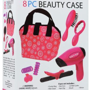 Click N' Play Set of 8 Kids Pretend Play Beauty Salon Fashion Play Set with Hairdryer, Curling Iron, Mirror & Hair Styling Accessories with a Beauty Tote Bag - Hair Salon Toys for Girls