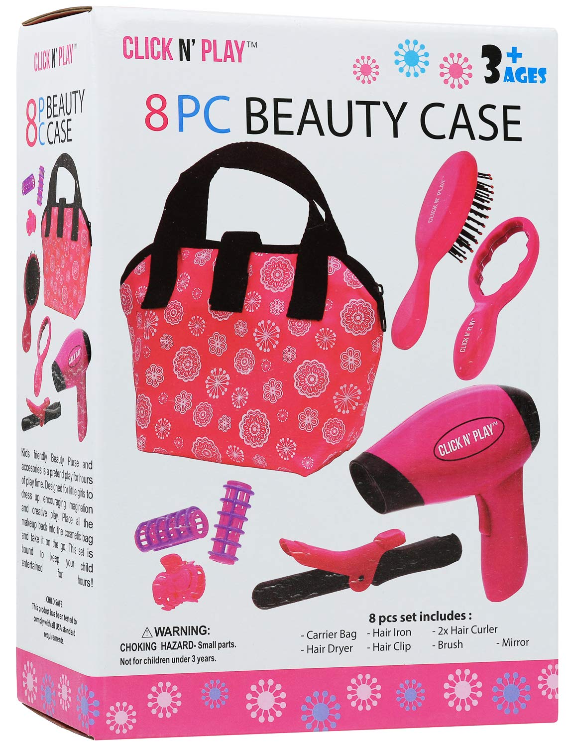 Click N' Play Set of 8 Kids Pretend Play Beauty Salon Fashion Play Set with Hairdryer, Curling Iron, Mirror & Hair Styling Accessories with a Beauty Tote Bag - Hair Salon Toys for Girls