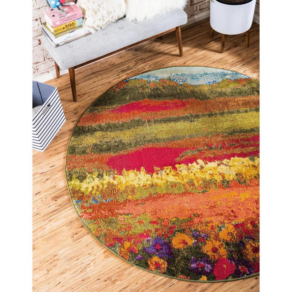 Unique Loom Estrella Collection Floral, Landscape, Abstract, Modern, Fields Area Rug, 6' 1" x 6' 1", Multi/Green