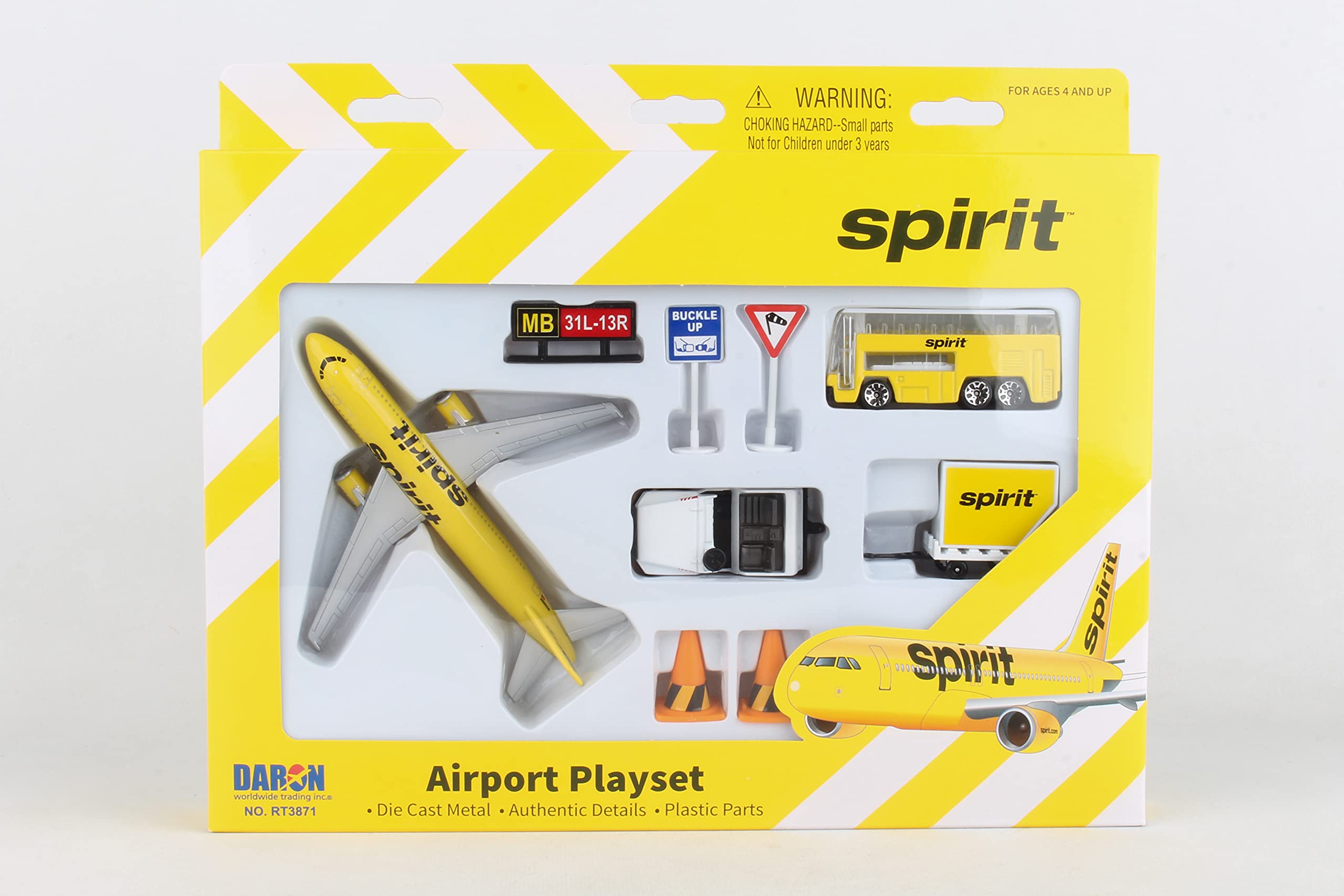 Daron Spirit Airlines Airport Playset with Die-Cast Metal Model Airplane with Plastic Parts, Cars and Transportation Toys for Kids Ages 3+