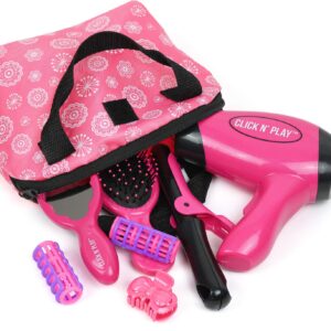 Click N' Play Set of 8 Kids Pretend Play Beauty Salon Fashion Play Set with Hairdryer, Curling Iron, Mirror & Hair Styling Accessories with a Beauty Tote Bag - Hair Salon Toys for Girls