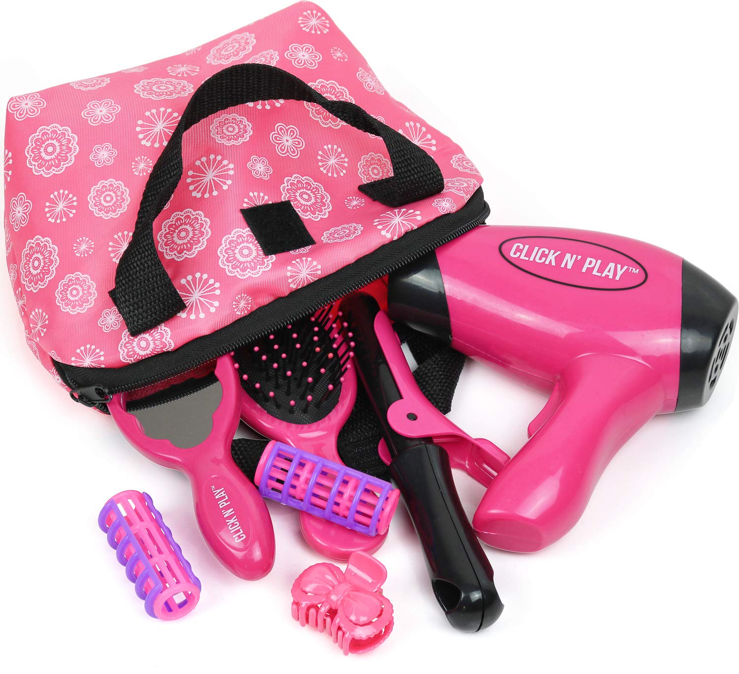 Click N' Play Set of 8 Kids Pretend Play Beauty Salon Fashion Play Set with Hairdryer, Curling Iron, Mirror & Hair Styling Accessories with a Beauty Tote Bag - Hair Salon Toys for Girls