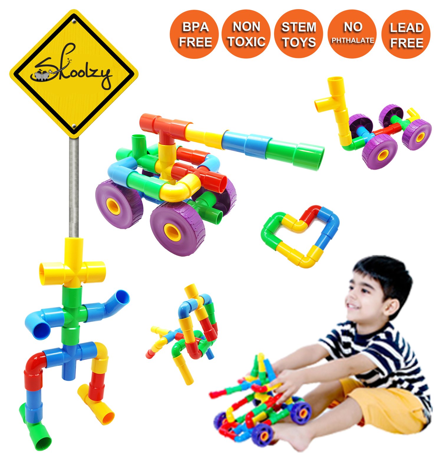 Skoolzy STEM Learning Pipe Tube 29 Piece Toys_and_Games Set, Educational Construction Building Blocks for ADHD & Autism for Baby, Kid Includes Wheels Pipes Joints and eBook