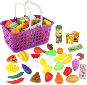 click n' play pretend food & grocery cart for kids - basket toy set for kids & toddlers 3+, 32pcs plastic fruits & vegetables + shopping cart for easy storage - play store, fake food play set