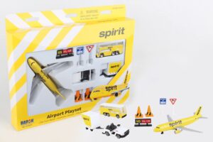 daron spirit airlines airport playset with die-cast metal model airplane with plastic parts, cars and transportation toys for kids ages 3+