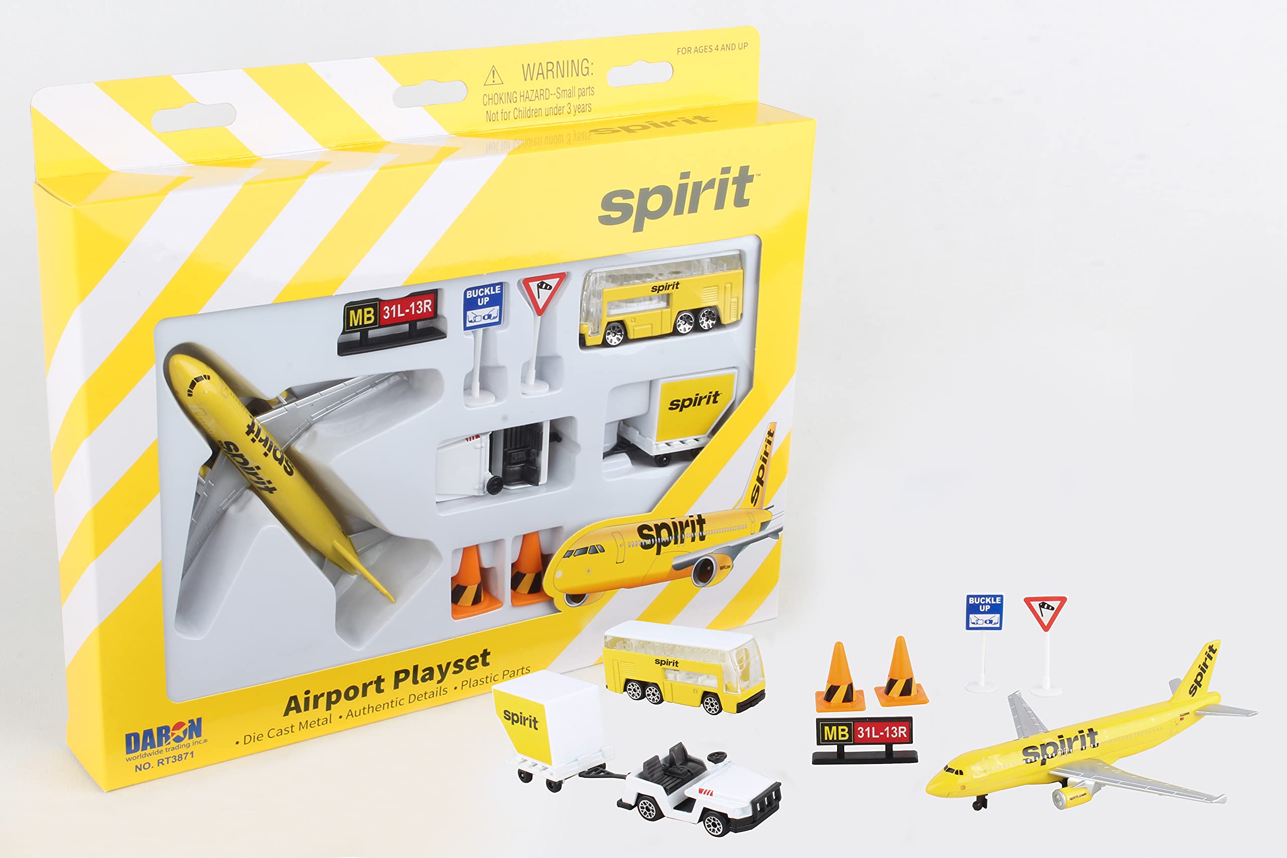 Daron Spirit Airlines Airport Playset with Die-Cast Metal Model Airplane with Plastic Parts, Cars and Transportation Toys for Kids Ages 3+