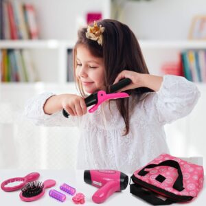 Click N' Play Set of 8 Kids Pretend Play Beauty Salon Fashion Play Set with Hairdryer, Curling Iron, Mirror & Hair Styling Accessories with a Beauty Tote Bag - Hair Salon Toys for Girls