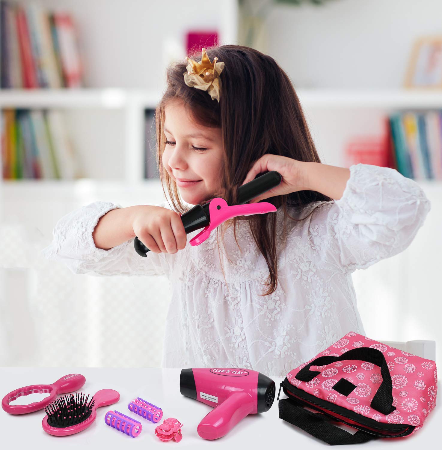 Click N' Play Set of 8 Kids Pretend Play Beauty Salon Fashion Play Set with Hairdryer, Curling Iron, Mirror & Hair Styling Accessories with a Beauty Tote Bag - Hair Salon Toys for Girls