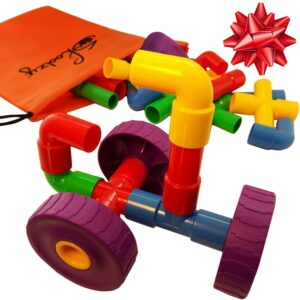 skoolzy stem learning pipe tube 29 piece toys_and_games set, educational construction building blocks for adhd & autism for baby, kid includes wheels pipes joints and ebook