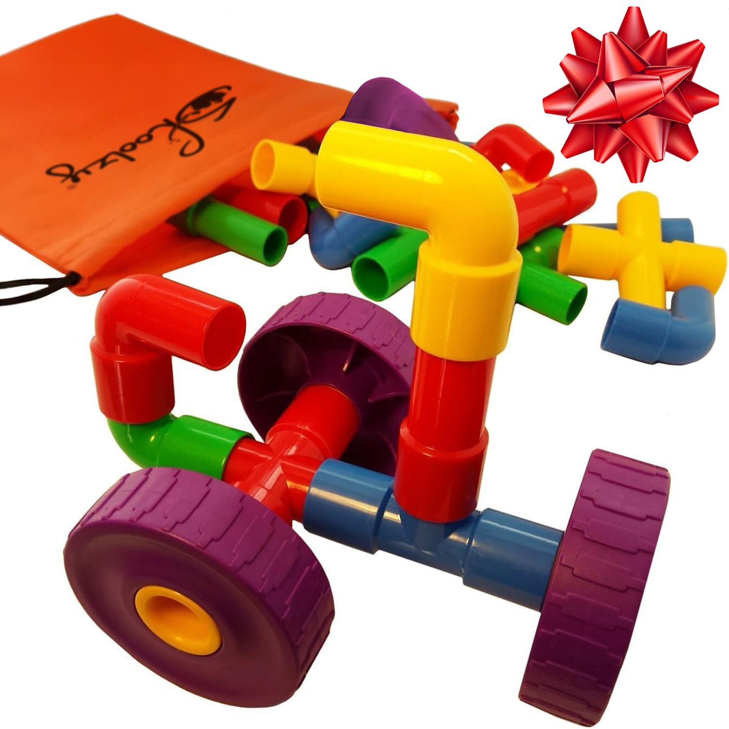 Skoolzy STEM Learning Pipe Tube 29 Piece Toys_and_Games Set, Educational Construction Building Blocks for ADHD & Autism for Baby, Kid Includes Wheels Pipes Joints and eBook