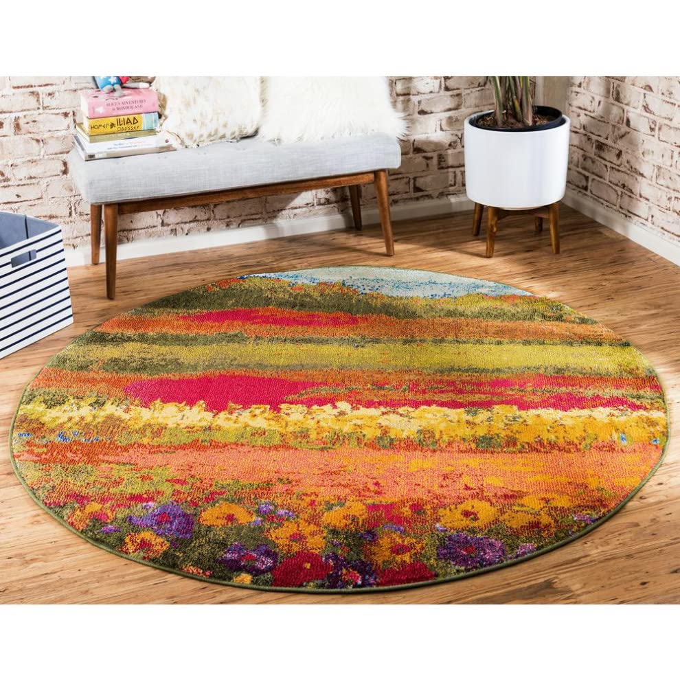 Unique Loom Estrella Collection Floral, Landscape, Abstract, Modern, Fields Area Rug, 6' 1" x 6' 1", Multi/Green