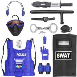 ultimate all-in-one kids police role play toy kit - 15-piece policeman pretend play set for kids - swat accessories for dress up costumes - badge, shield, vest, handcuffs included