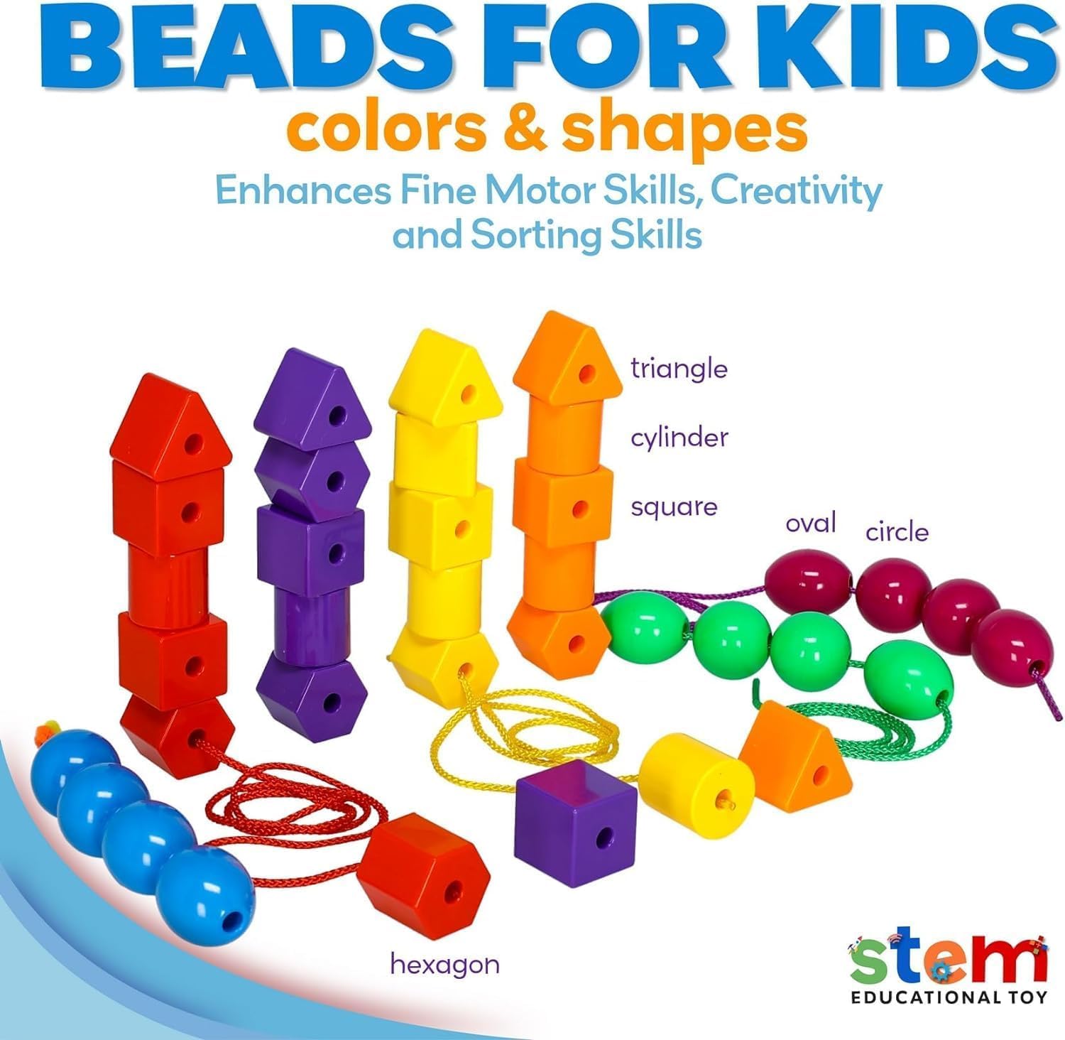 Skoolzy Rainbow Stringing Beads for Toddlers 46 Pcs | String Beads with Strings, Pipe Cleaners and Bag | Montessori Toys Occupational Therapy