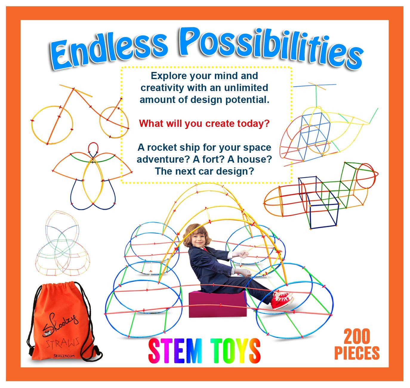 Skoolzy STEM Toys Connecting Straws Building 200 Piece Kit - Tinker Toys Fine Motor Skills Interlocking Engineering Builder Set Preschool Activity Building Toys Ages 3+ Includes Bag and eBook