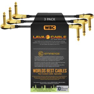 worlds best cables 3 units - lava tightrope (black) - 6 inch - guitar bass effects instrument, s-shaped patch cable with premium gold plated ¼ inch (6.35mm), right angle pancake type ts connectors