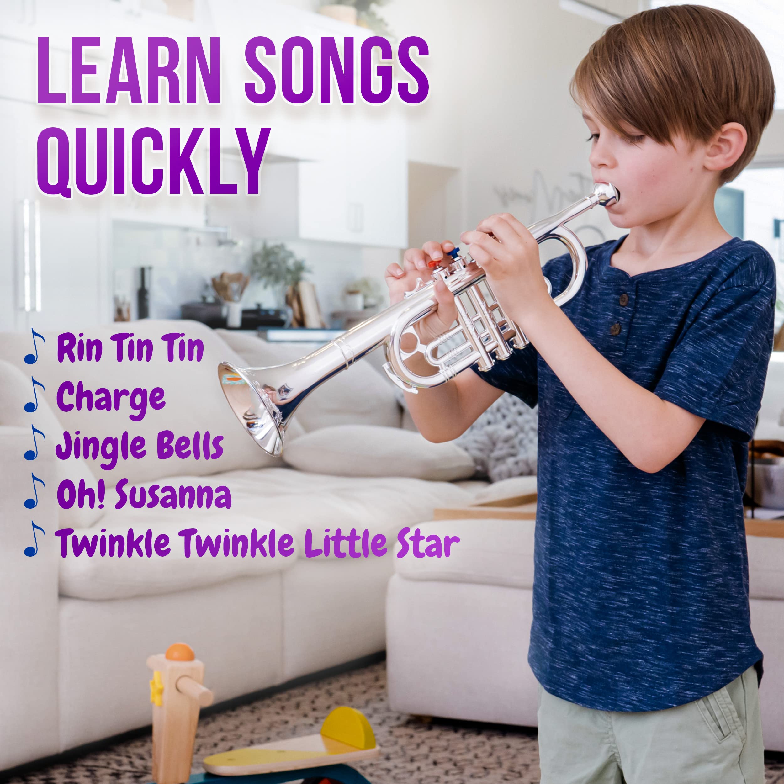 Click N' Play Toy Trumpet for Kids - Create Real Music - Safety Tested BPA Free - Beautiful Silver Finish with Color Keys - Start an Instrument Band at Home or School, Kids Ages 5-9, Musical Gifts