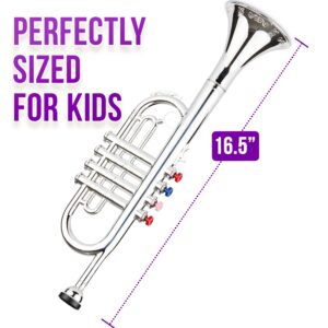 Click N' Play Toy Trumpet for Kids - Create Real Music - Safety Tested BPA Free - Beautiful Silver Finish with Color Keys - Start an Instrument Band at Home or School, Kids Ages 5-9, Musical Gifts