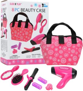 click n' play set of 8 kids pretend play beauty salon fashion play set with hairdryer, curling iron, mirror & hair styling accessories with a beauty tote bag - hair salon toys for girls