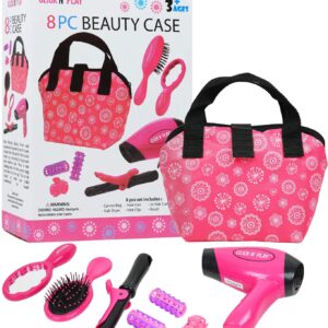 Click N' Play Set of 8 Kids Pretend Play Beauty Salon Fashion Play Set with Hairdryer, Curling Iron, Mirror & Hair Styling Accessories with a Beauty Tote Bag - Hair Salon Toys for Girls