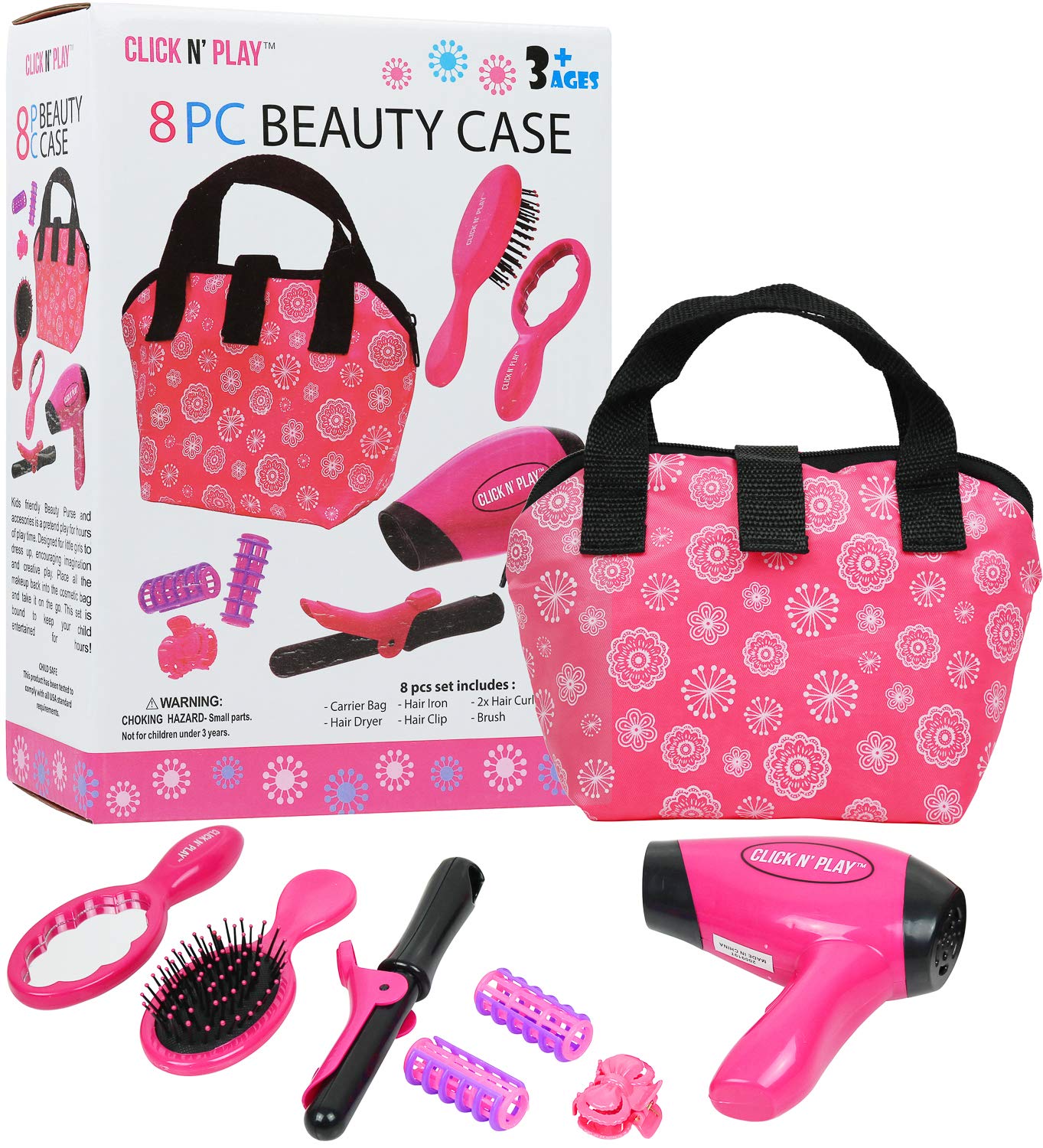 Click N' Play Set of 8 Kids Pretend Play Beauty Salon Fashion Play Set with Hairdryer, Curling Iron, Mirror & Hair Styling Accessories with a Beauty Tote Bag - Hair Salon Toys for Girls