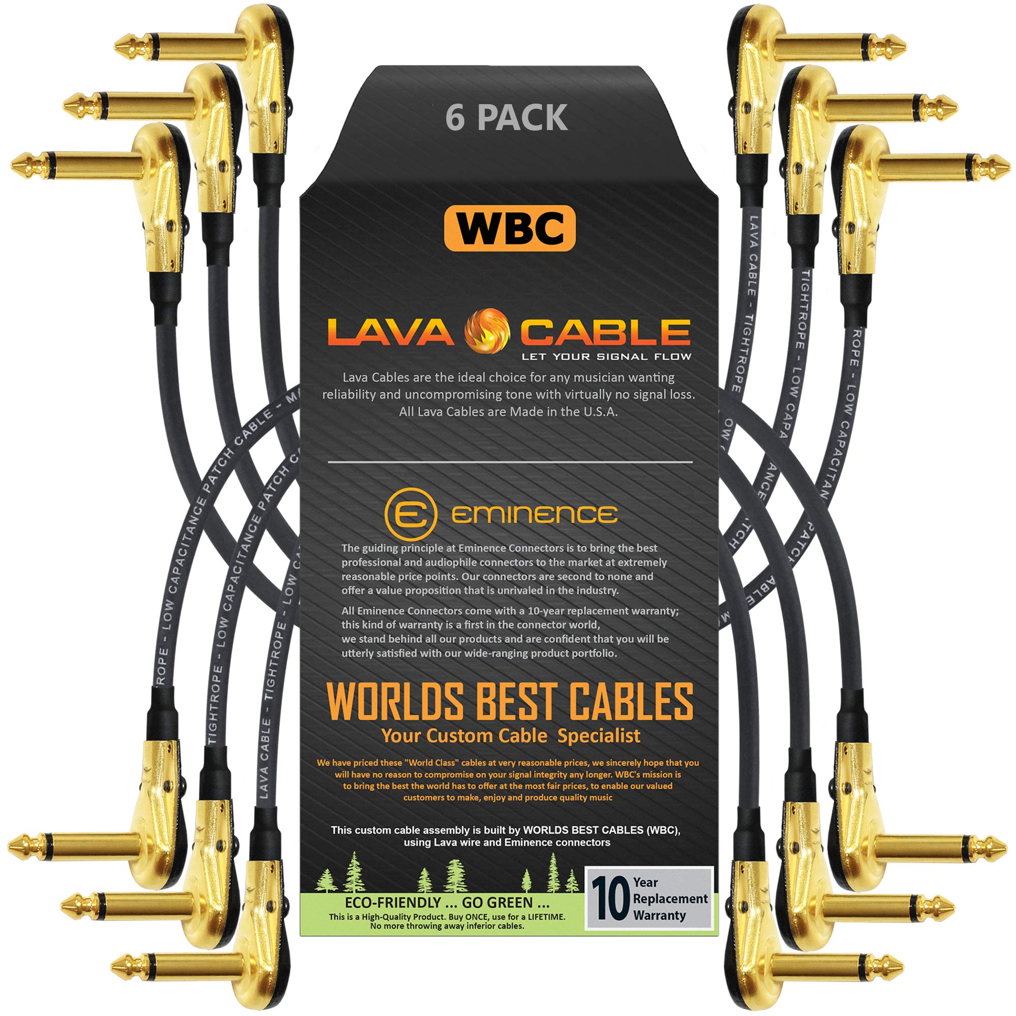 6 Units - Lava Tightrope (Black) - 9 Inch - Guitar Bass Effects Instrument, Patch Cable with Premium Gold Plated ¼ Inch (6.35mm) Low-Profile, Right Angled Pancake type TS Connectors