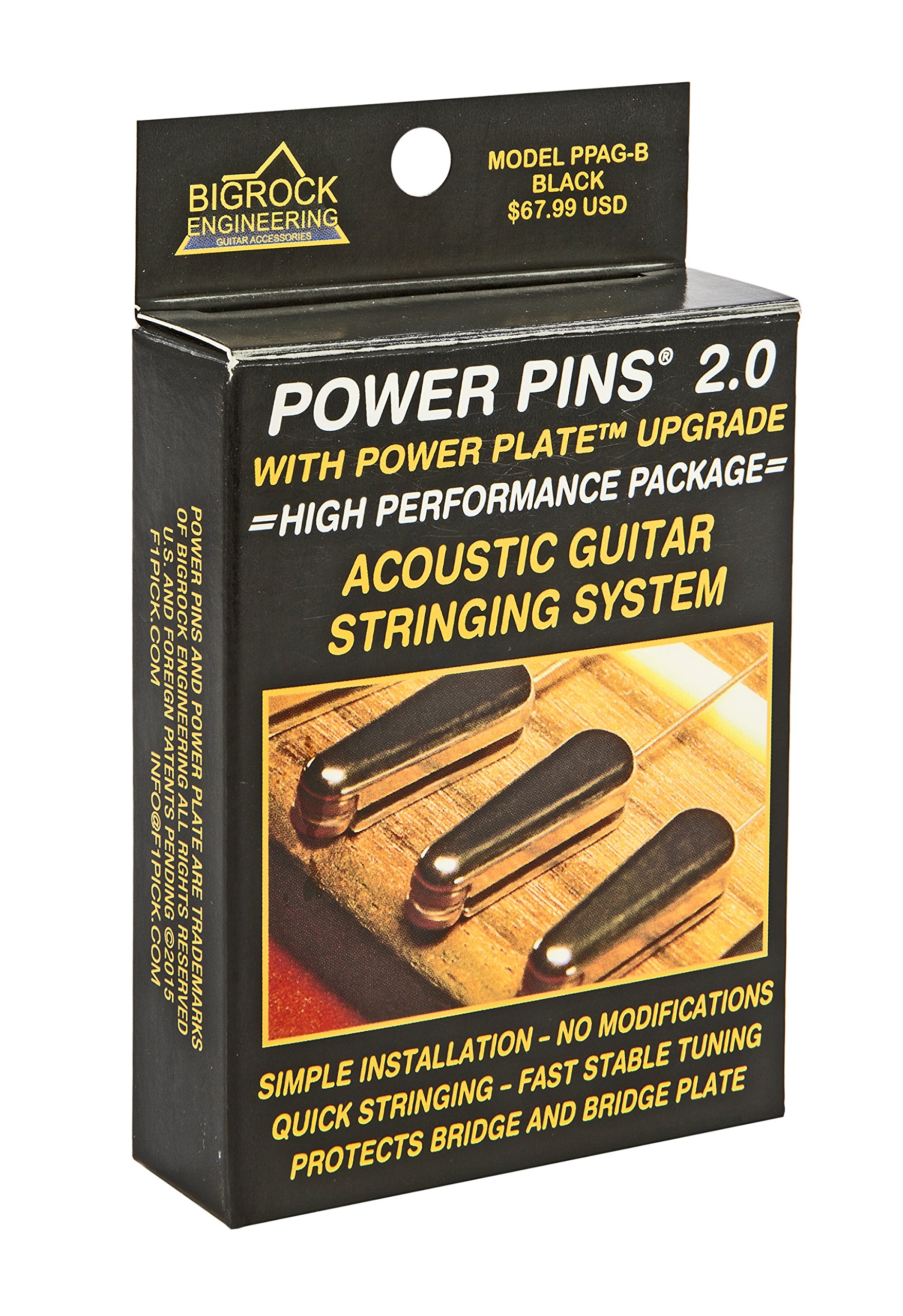 Power Pins 2.0 - Black Chrome Set with Power Plate Upgrade- Patented Bridge Pin System for Acoustic Guitars- Improved Tone, Amplified Sound, Easier Restringing, and Faster Tuning