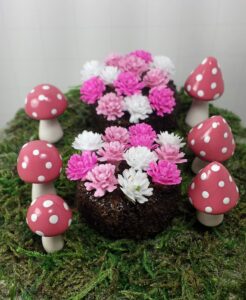 set of 8 fairy garden accessories, terrarium decor. pink mushrooms and flowers.