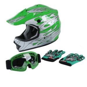 xfmt dot youth kids motocross offroad street dirt bike helmet youth motorcycle atv helmet with goggles gloves green flame s