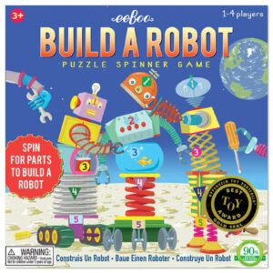 eeboo: build a robot spinner puzzle game, encourages imaginative play, patience and social skills for children, for 2 to 4 players, spin for parts to build a robot, ages 3 and up