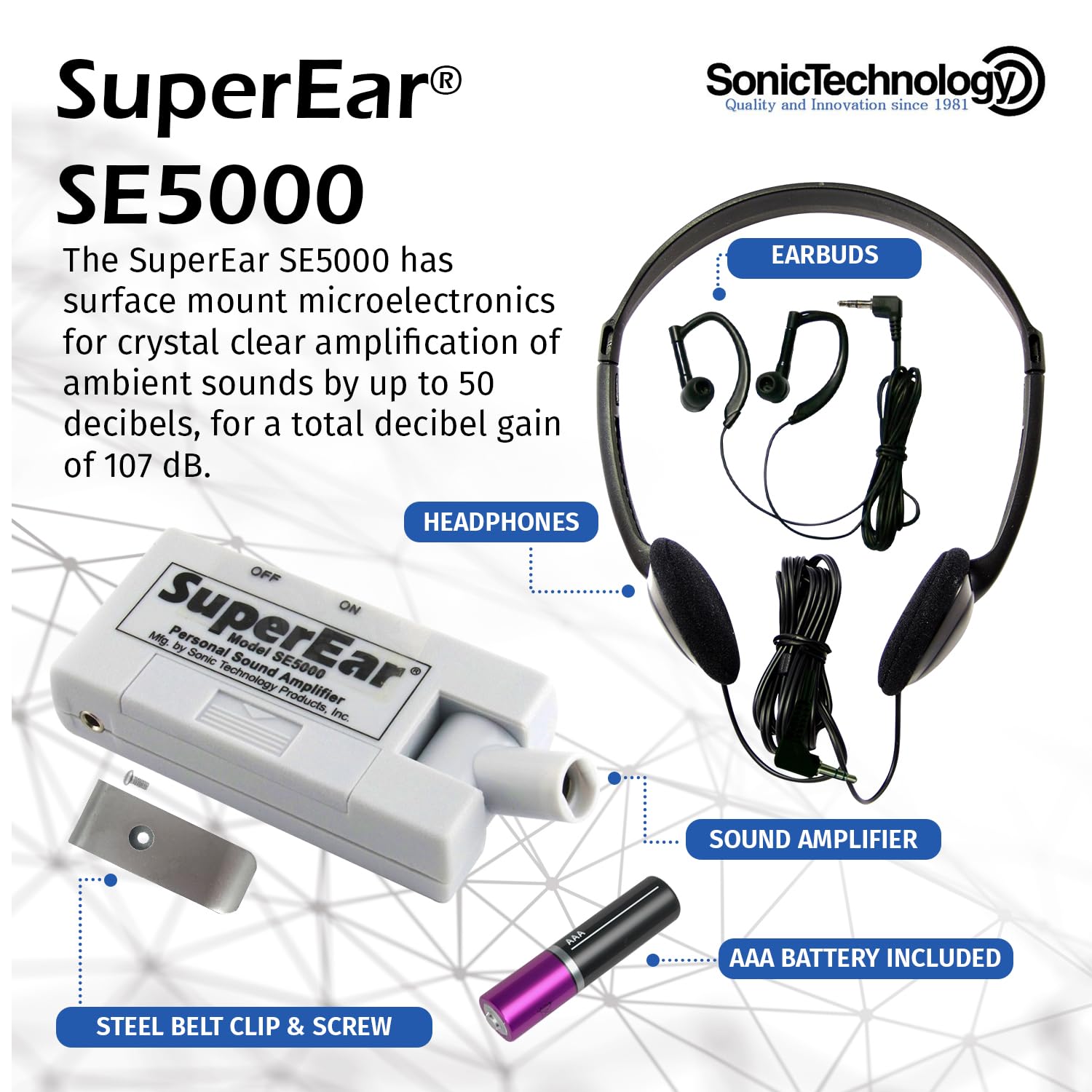 SuperEar Personal Sound Amplifier Model SE5000 (PSAP), 50dB Gain, Hand Held Pocket Size Audio Amplifier with Headphones, EarBuds, Tactile On/Off Volume Control for Adults, Audiologists, and Seniors