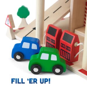 Imagination Generation Downtown Deluxe Wooden Parking Garage Ramp & Service Station Playset with Elevator, Signs & Accessories for Mini Toy Cars (19 pcs)