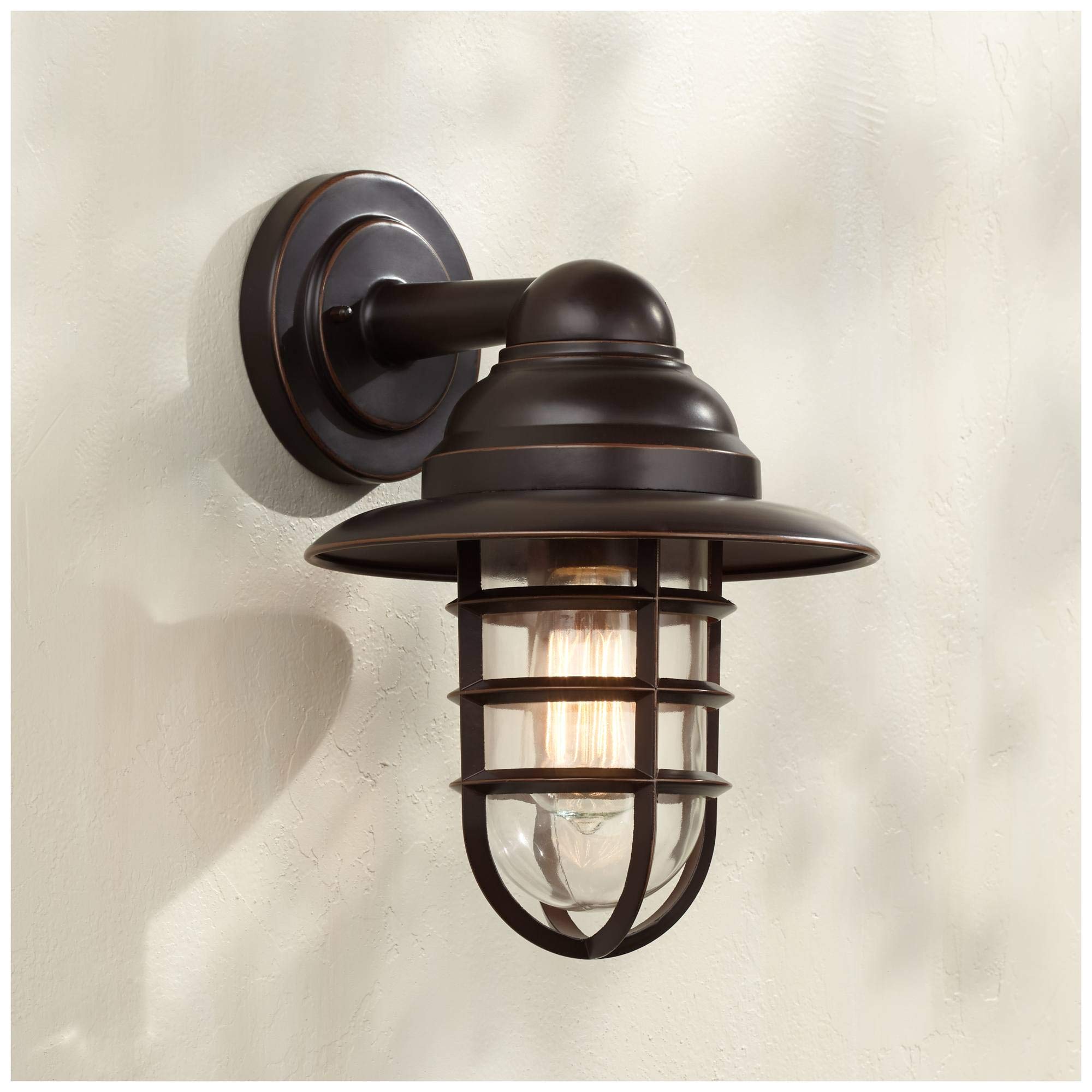 John Timberland Marlowe Rustic Industrial Farmhouse Outdoor Wall Light Fixture Bronze Hooded Cage 13" Clear Glass for Exterior Barn Deck House Porch Yard Patio Outside Garage Front Door Garden