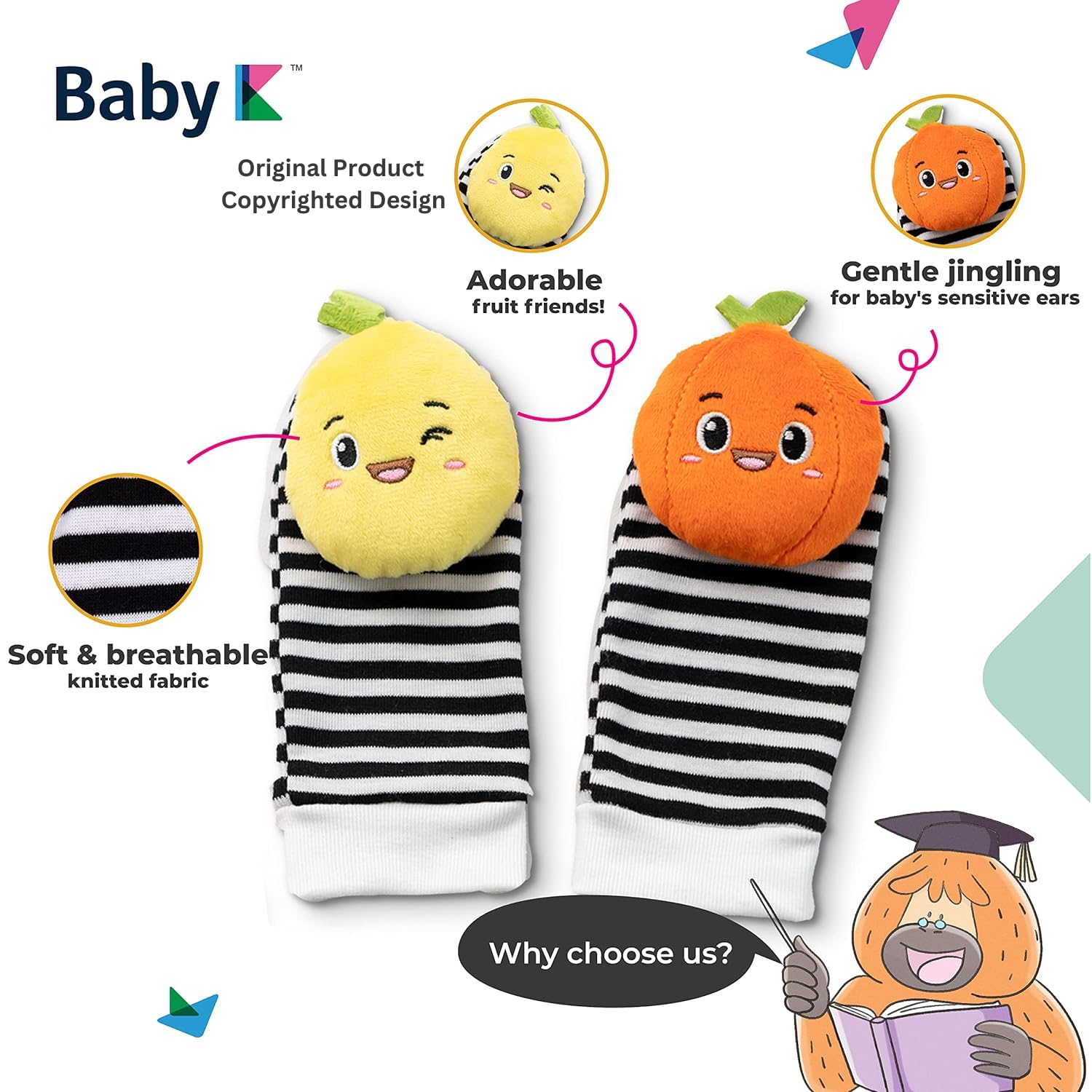 BABY K Baby Rattle Socks & Wrist Toys (Set C) - Newborn Toys for Baby Boy or Girl - Brain Development Infant Toys - Hand and Foot Rattles Suitable for 0-3, 3-6, 6-12 Months Babies