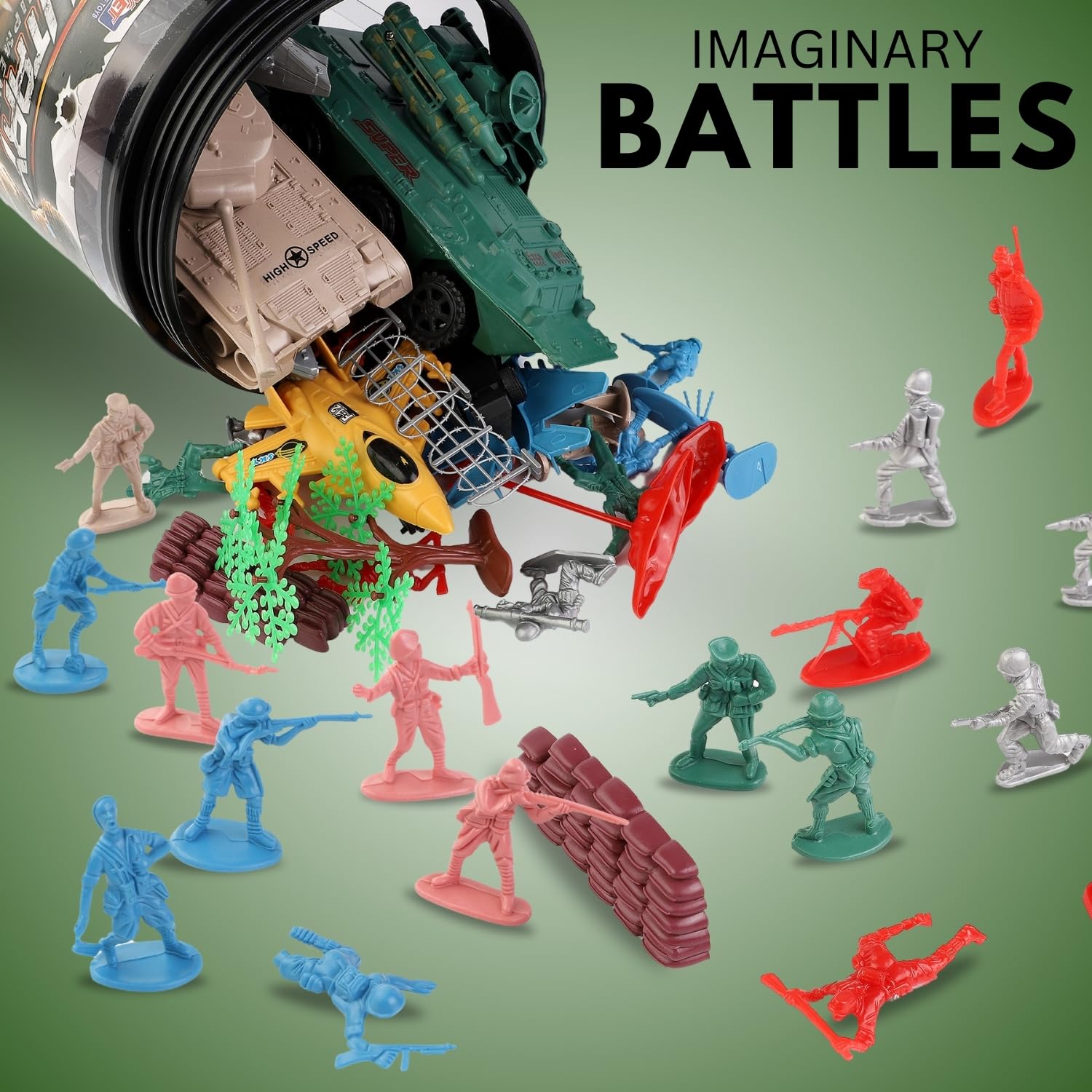 Liberty Imports 120 PCS Army Men Toy Soldiers & Battle Vehicles Military Action Figures Deluxe Bucket Set - World War II Little Plastic Action Figurines for Kids, Boys Imaginary Play