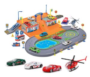 city parking garage diecast racing track set - kids toy car wash vehicle playset with signs, accessories and metal vehicles