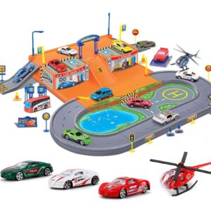 City Parking Garage Diecast Racing Track Set - Kids Toy Car Wash Vehicle Playset with Signs, Accessories and Metal Vehicles