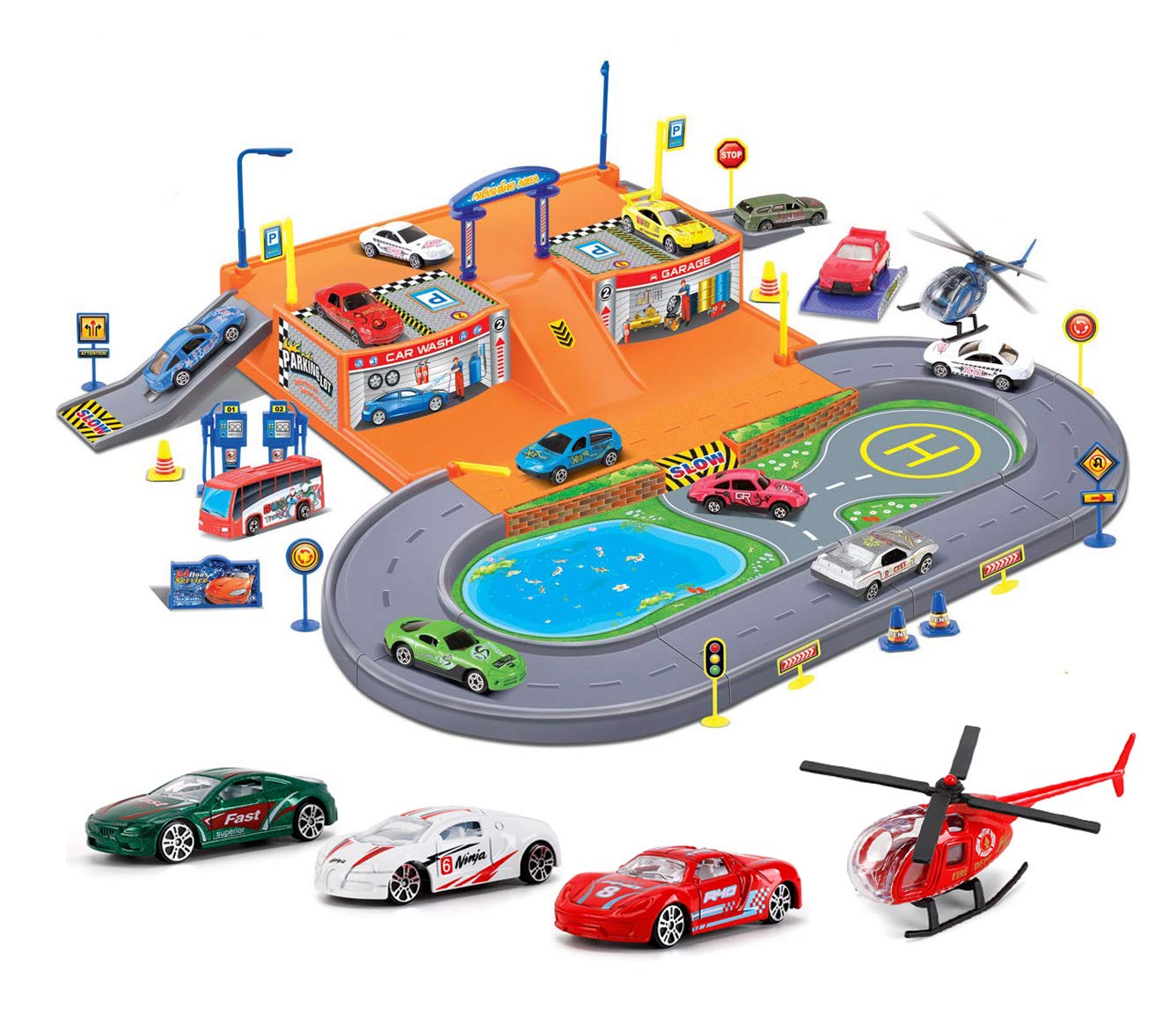 City Parking Garage Diecast Racing Track Set - Kids Toy Car Wash Vehicle Playset with Signs, Accessories and Metal Vehicles