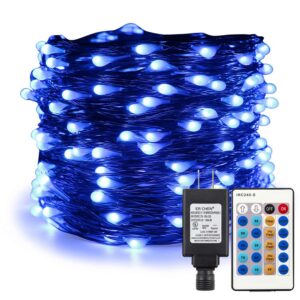 er chen dimmable led string lights plug in, 99 ft 300 led blue fairy lights with remote, indoor/outdoor copper wire christmas decorative lights for bedroom, patio, garden, party