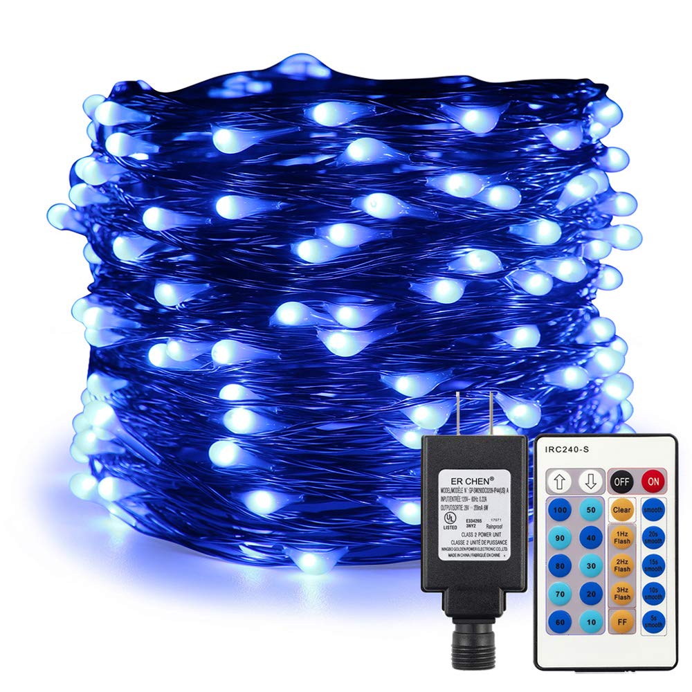 ER CHEN Dimmable LED String Lights Plug in, 99 FT 300 LED Blue Fairy Lights with Remote, Indoor/Outdoor Copper Wire Christmas Decorative Lights for Bedroom, Patio, Garden, Party