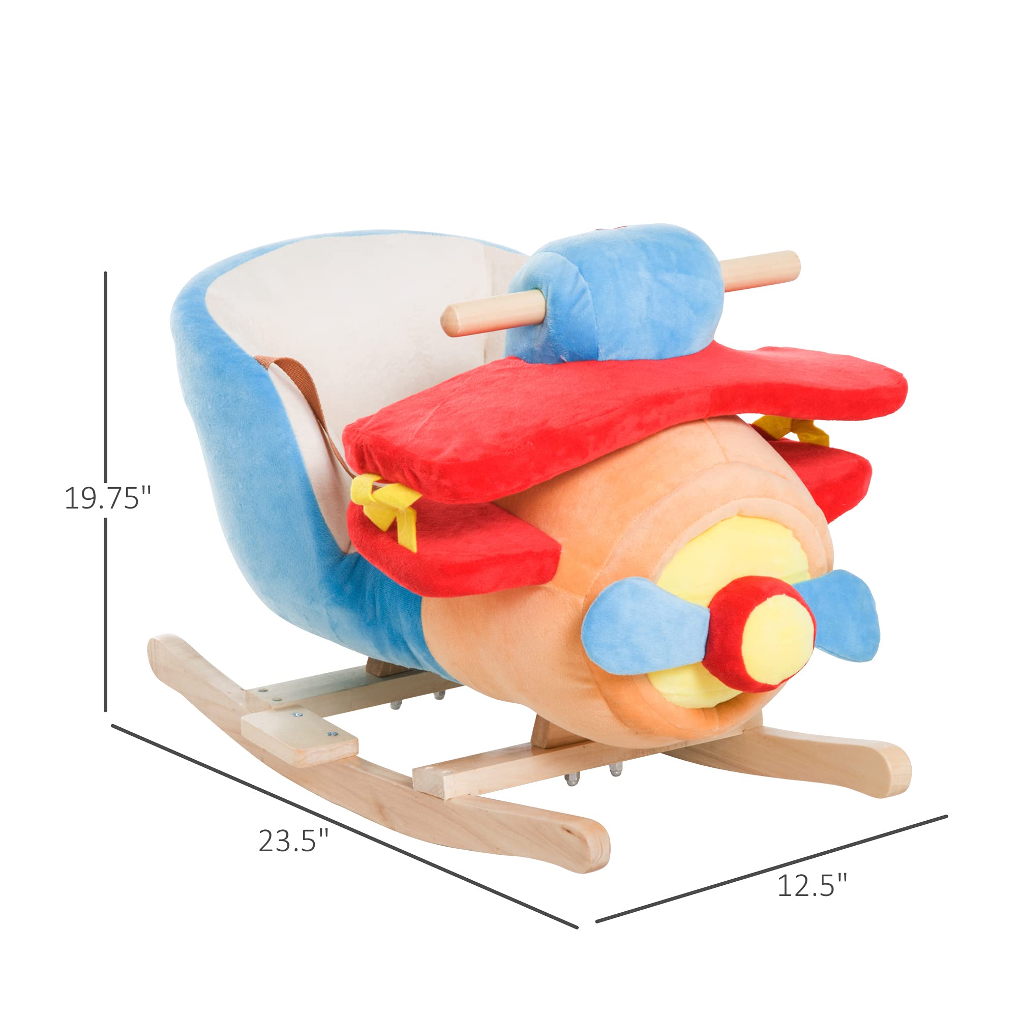 Qaba Kids Rocking Horse, Wooden Plush Ride-on Plane Chair Toy with Lullby Song and Seat Belt for 18 Month +