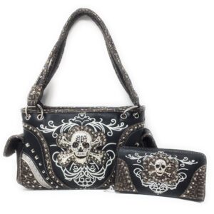 texas west rhinestone embroidered metal skull leather womens concealed carry handbag with matching wallet 6 colors (black)