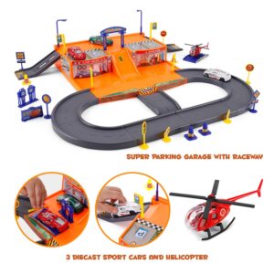 City Parking Garage Diecast Racing Track Set - Kids Toy Car Wash Vehicle Playset with Signs, Accessories and Metal Vehicles