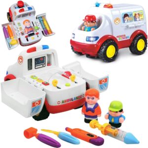 liberty imports 2-in-1 ambulance doctor rescue vehicle set with operation, medical tools, lights, music and sounds