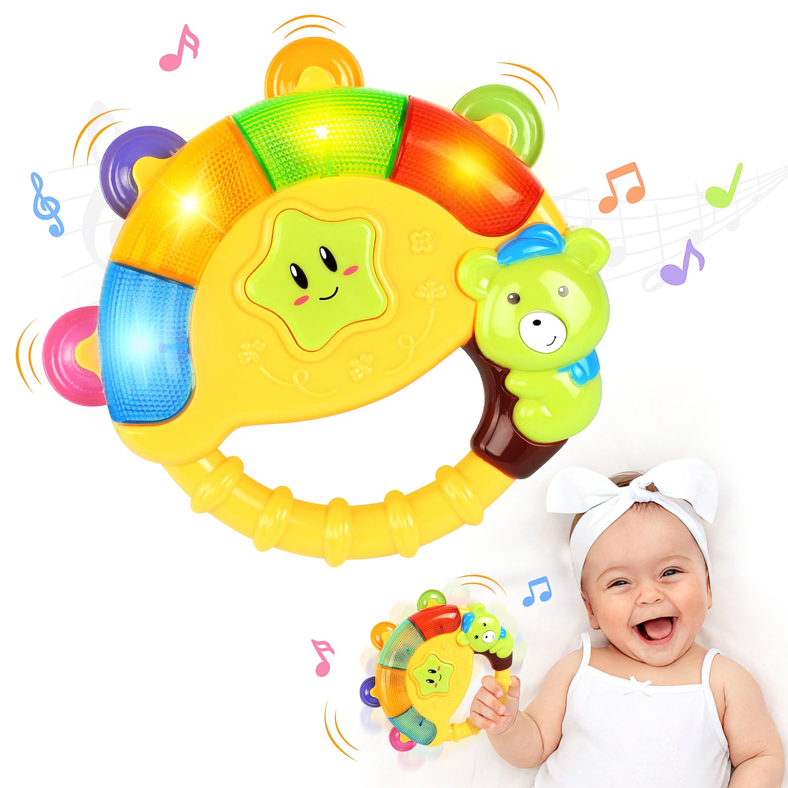 Baby Tambourine Toy with Music & Light,Toddlers Rattle,Musical Instruments,Light up Toy,Take Along,BPA Free,Ages 6-12 Months