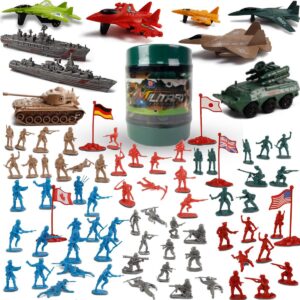 liberty imports 120 pcs army men toy soldiers & battle vehicles military action figures deluxe bucket set - world war ii little plastic action figurines for kids, boys imaginary play