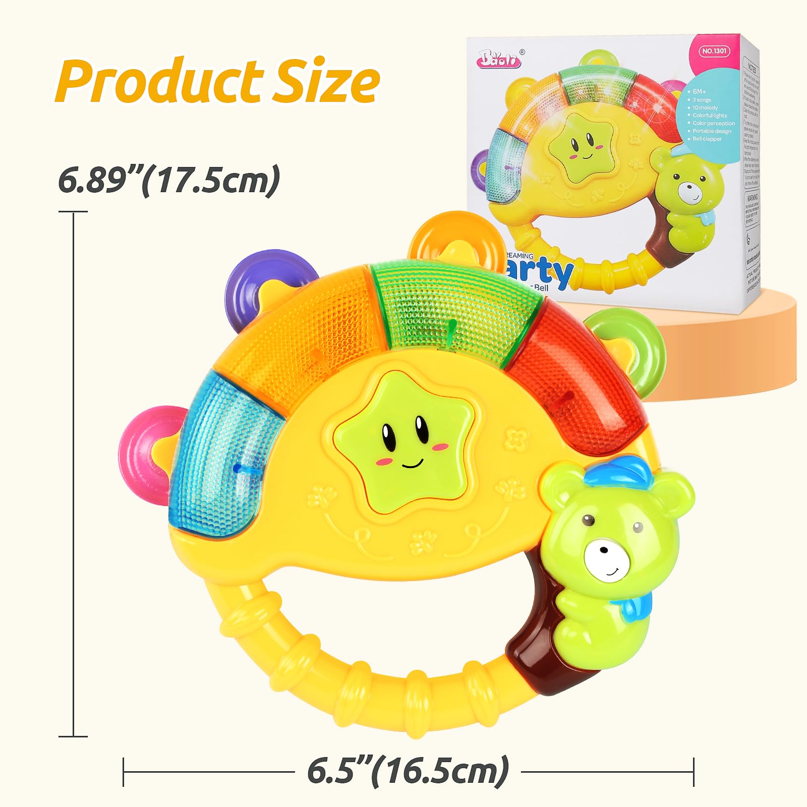 Baby Tambourine Toy with Music & Light,Toddlers Rattle,Musical Instruments,Light up Toy,Take Along,BPA Free,Ages 6-12 Months