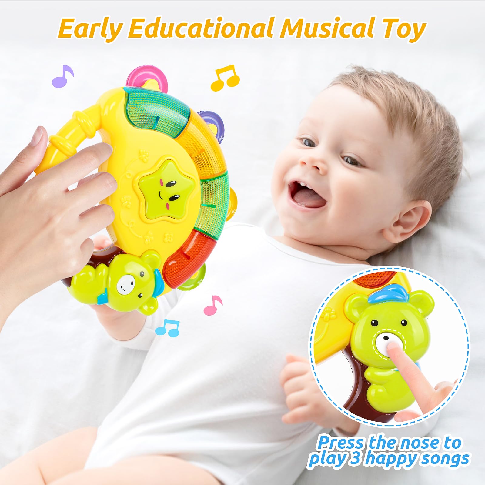 Baby Tambourine Toy with Music & Light,Toddlers Rattle,Musical Instruments,Light up Toy,Take Along,BPA Free,Ages 6-12 Months