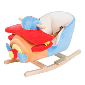 qaba kids rocking horse, wooden plush ride-on plane chair toy with lullby song and seat belt for 18 month +