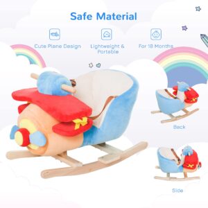 Qaba Kids Rocking Horse, Wooden Plush Ride-on Plane Chair Toy with Lullby Song and Seat Belt for 18 Month +