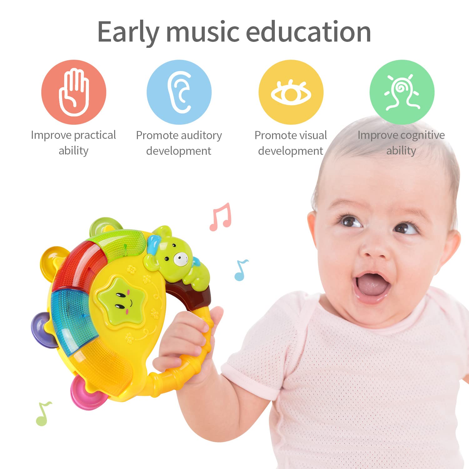 Baby Tambourine Toy with Music & Light,Toddlers Rattle,Musical Instruments,Light up Toy,Take Along,BPA Free,Ages 6-12 Months